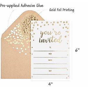 50 Pack Invitation Card - Elegant Greeting Cards ‘’You Are Invited’’ In Gold Foil Letters – For Wedding, Bridal Shower, Baby Shower, Birthday Invitations - 52 Kraft Envelopes Included - 4" x 6"