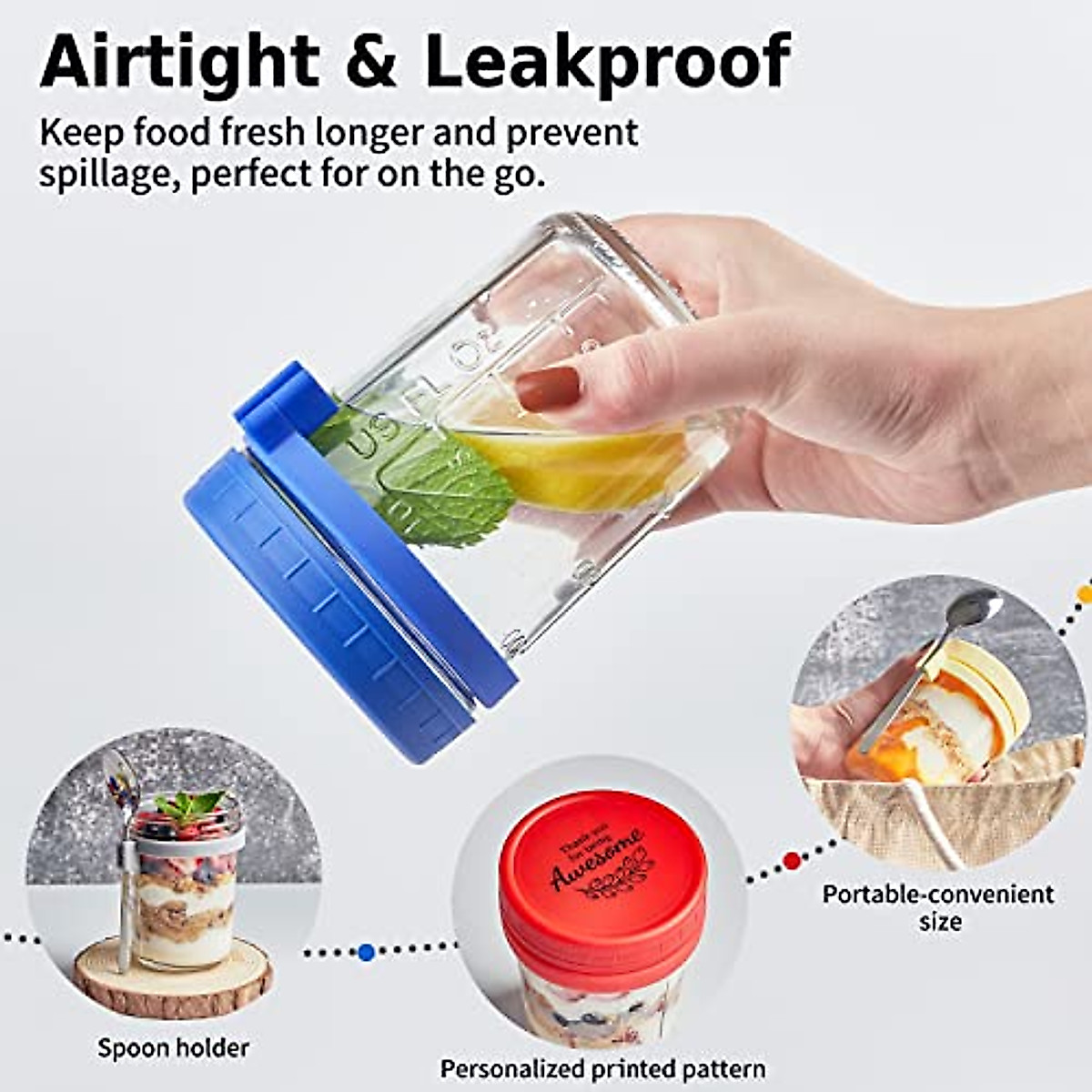 ZORRITA 4 Pack Overnight Oats Containers with Lids and Spoons, 12 oz To Go Oatmeal Container with Measurement Marks Glass Mason Jars with Lid for Yogurt Cereal Fruit Salad Parfait On The Go