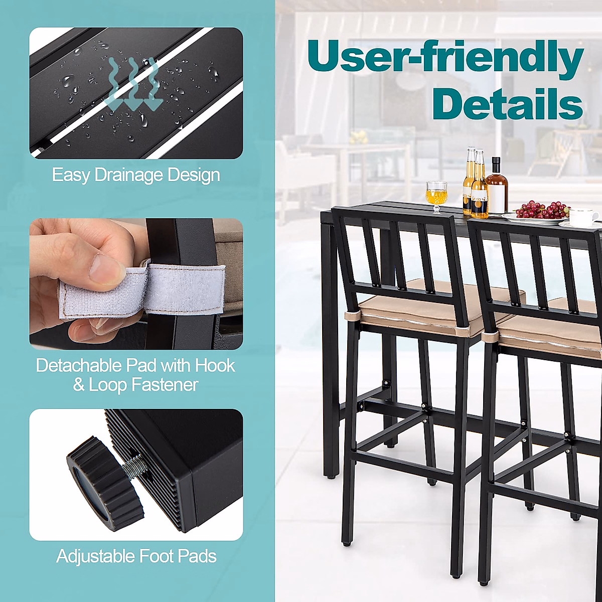 COSTWAY 3 Piece Outdoor Patio Bar Set, 48" Rectangular Pub Height High Top Bar Table with 2 Cushioned Bar Stools, Metal Bar Table and Chairs Set for Balcony, Backyard, Porch