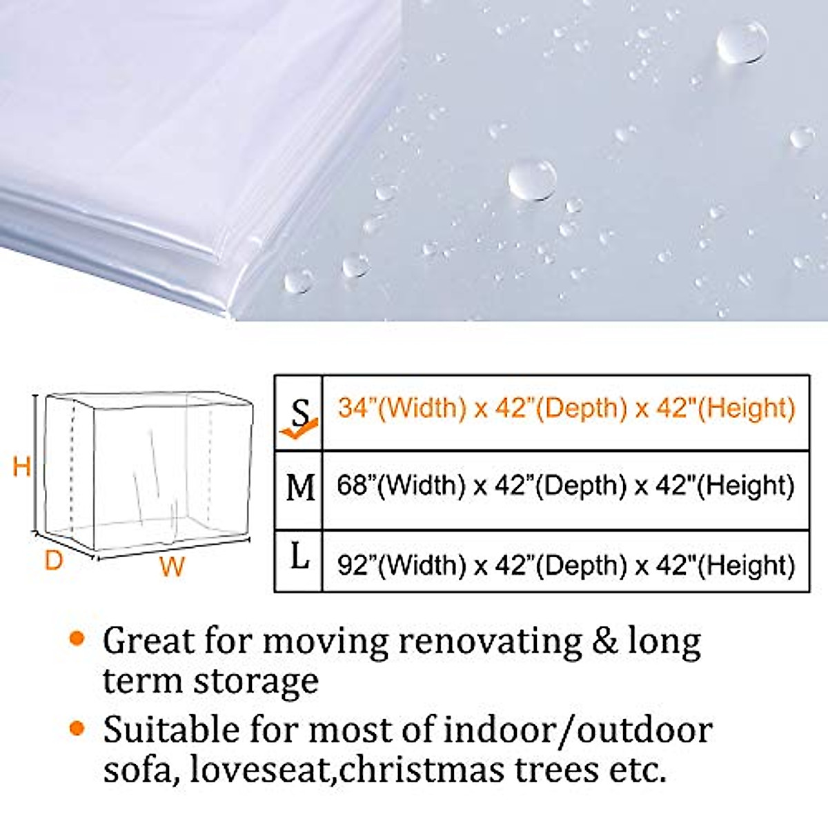 STARTWO Furniture Cover Plastic Bag Plastic Couch Cover Heavy Duty Water Resistant Thick Clear | Sofa Slipover for Moving and Long Term Storage 42”(Width) x 34”(Depth) x 42"(Height)