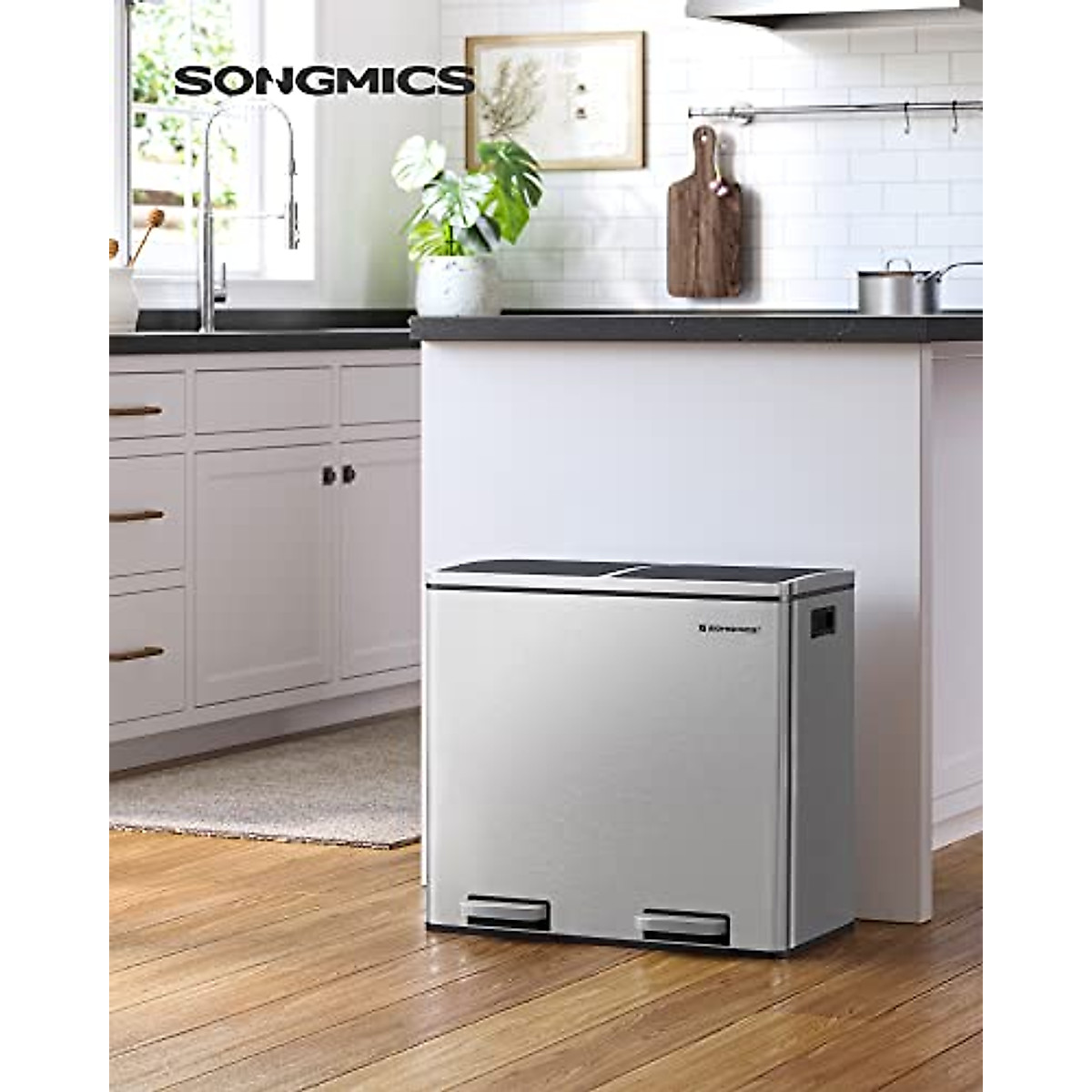 SONGMICS Trash Can, 2 x 6.3-Gallon (2 x 24L) Dual Garbage Can, Pedal Recycle Bin with Lids and Inner Buckets for Small Kitchens, Stainless Steel, Soft Closure, Airtight, Silver ULTB48NL