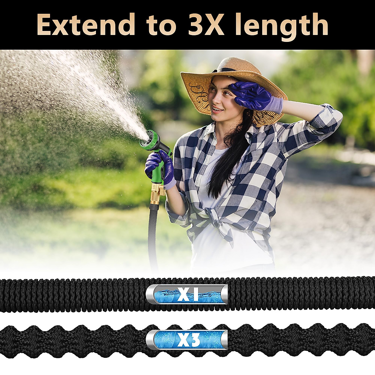 Expanding Garden Hose 100 ft - Expandable Garden Hoses Leak-Proof with Innovative Nano Rubber - 2024 Version/New Patented,Lightweight, Durable, No-Kink Flexible Retractable Water Hoses(Black)