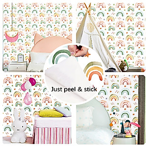 HAOKHOME Peel and Stick Rainbow Wallpaper Cute Raindrop Stars White/Orange/Green Removable for Nursery Kids Bedroom Decor 17.7in x 118in