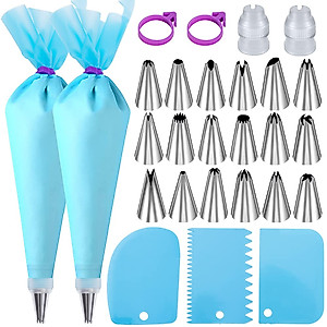 Wddeevoi Piping Bags and Tips Set, Cakes Decorating Kit Supplies with 2 Reusable Pastry Bags, 18 Frosting Tips, 2 Couplers, 2 Bag Ties, 3 Cake Scraper, Cake Decorating Tools for Cookie Icing