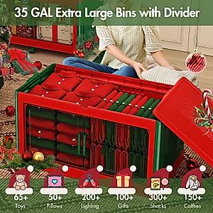 Fangtueh 140GAL Christmas Storage Bins with Lid and Wheels, Large Christmas Storage Totes with Lid, Stackable Christmas Storage Containers for Ornament, Holiday Decoration Red and Green Totes, 4 Pack