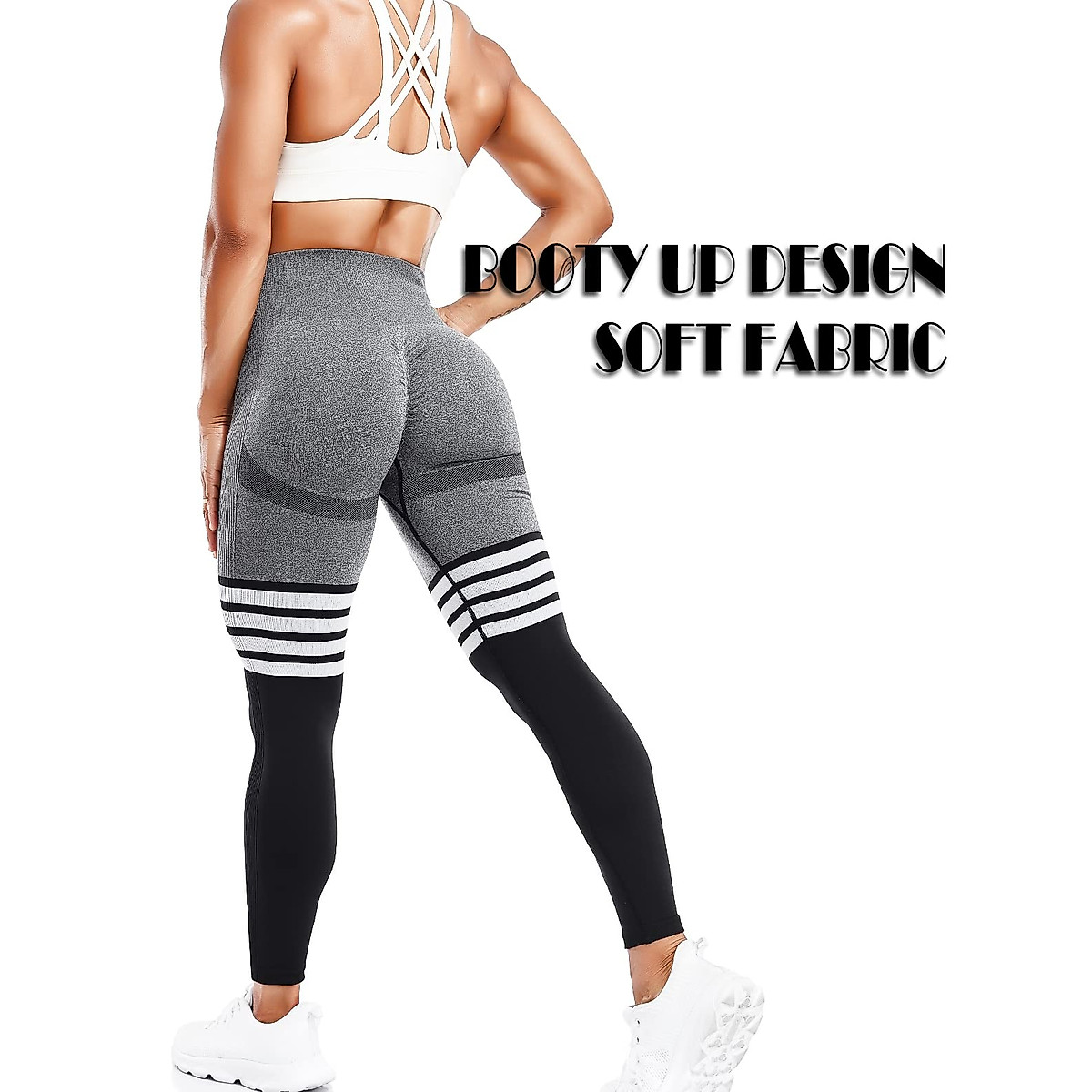 KIWI RATA Women Ribbed Booty Seamless Leggings High Waisted Workout Butt Lift Gym Yoga Panst Stretch Tights (#0 Stripe Black, M)