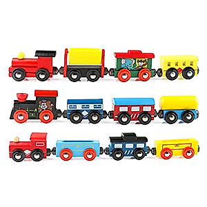 Wondertoys Wooden Train Cars 12 PCS Magnetic Train Sets Includes 3 Engines and Storage Bag - Wooden Train Set for Toddlers Compatible with Major Brands Train Set Tracks - Trains for Train Table
