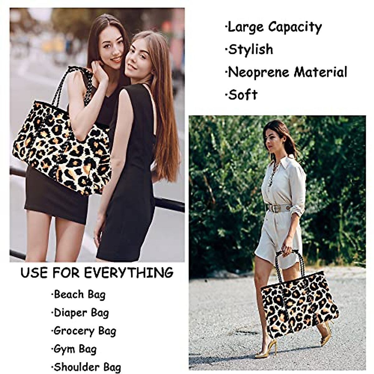 Hidora Neoprene Multipurpose Beach Bag Stylish Gym Bag Large Pool Bag Shoulder Bag Beach Tote with Small Purse (Leopard)