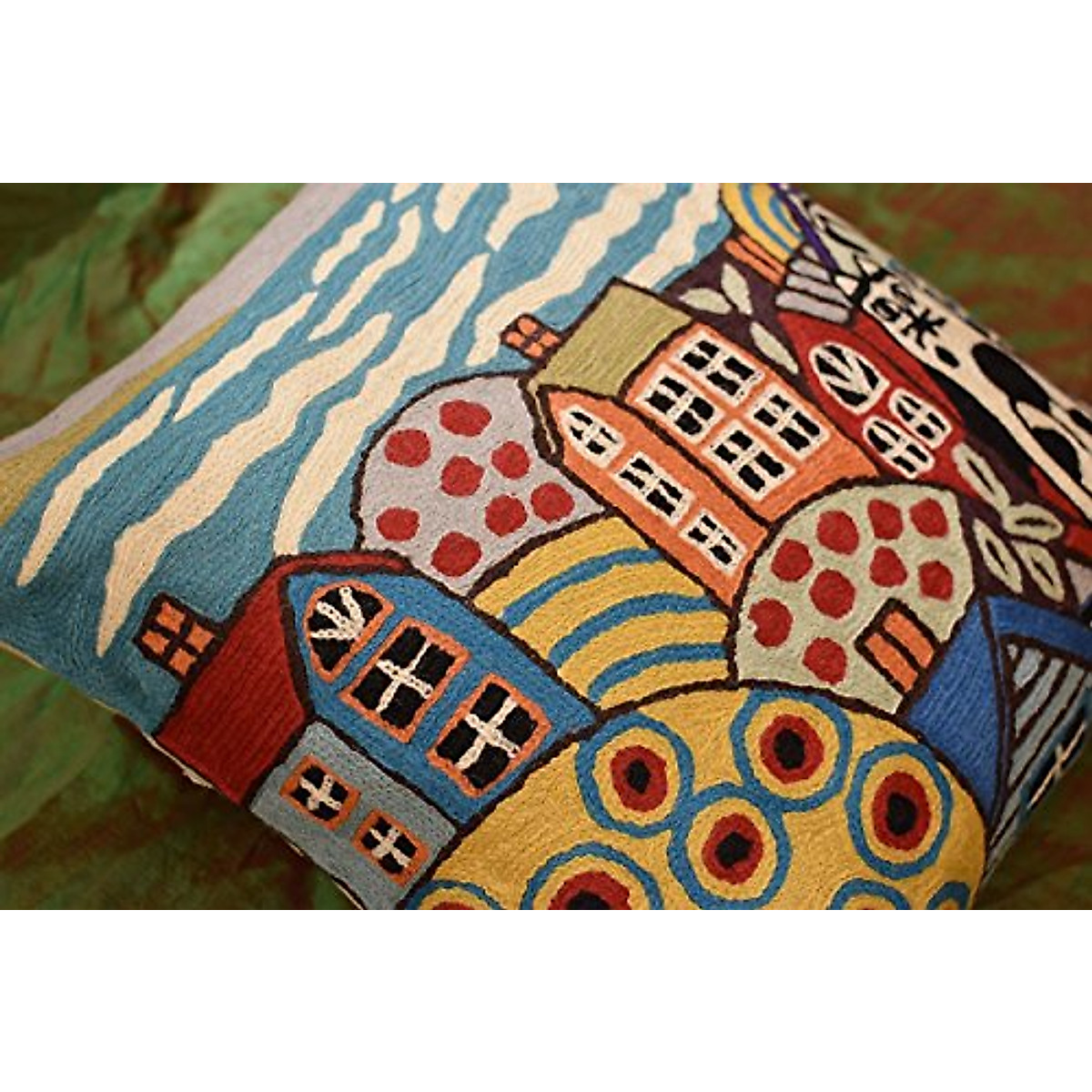 Kashmir Designs Blue Coastal Throw Pillow Cover | Karla Gerard Seaside Cat Pillow | Folklore Pillowcase | Nautical Chair Cushion | Flower Couch Pillow | Hand Embroidered Cushions Wool Size - 18x18