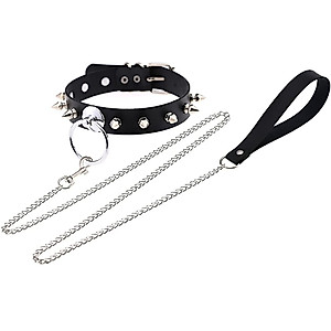 DAMSIL Punk Rivets Choker PU Leather Hauling Chain Collar Metal Ring Gothic Necklace NightClub Neck Accessories Adjustable Buckle (Black)