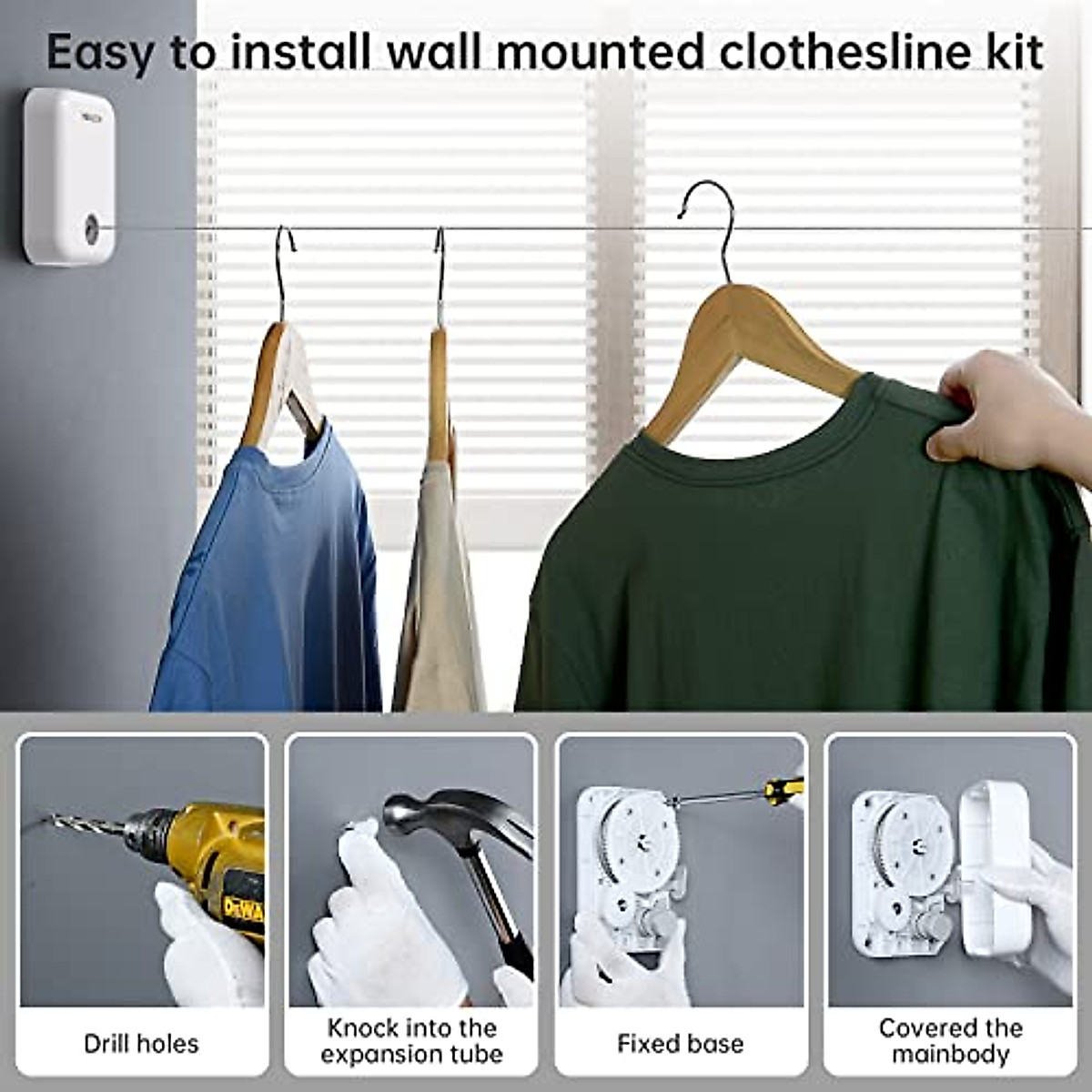 Mbillion Retractable Clothesline Indoor Outdoor,Heavy Duty Clothes Drying Laundry Line Retracting Hanging Clothes Line with Lock to Prevent Sagging White