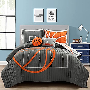 Lush Decor Basketball Game Reversible Oversized 5 Piece Quilt Set - Cozy & Soft Kids Sports Themed Bedding Set - Full/ Queen, Charcoal