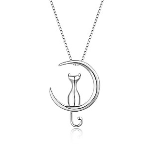 WRISTCHIE Sterling Silver Jewelry Cat On Moon Pendant Necklace 18" (Silver)