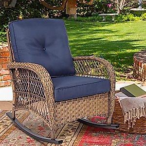 MEETWARM Outdoor Wicker Rocking Chair, Rattan Patio Rocker Chairs with Cushions and Steel Frame - Navy Blue