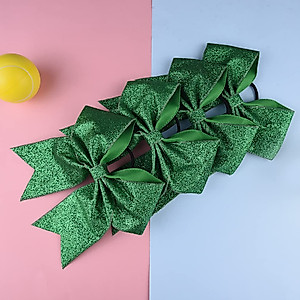 DEEKA 12 PCS 7" Large Glitter Cheer Bows Shiny Cheer Hair Bows Ponytail Holder Handmade for Cheerleader Girls Softball Sports -Green