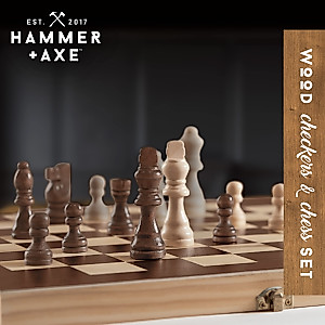 HAMMER + AXE 2-in-1 Checkers & Chess Board Game Set, Premium Quality Wood, Full-Sized Folding Board & Pieces, Portable Travel Activity for Home, Beach, Camping, BBQ, Fun Activity for Kids & Adults