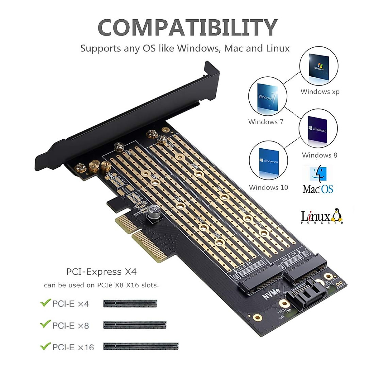 Dual M.2 PCIE Adapter for SATA or PCIE NVMe SSD with Advanced Heat Sink Solution,M.2 SSD NVME (m Key) and SATA (b Key) 22110 2280 2260 2242 2230 to PCI-e x 4 Host Controller Expansion Card