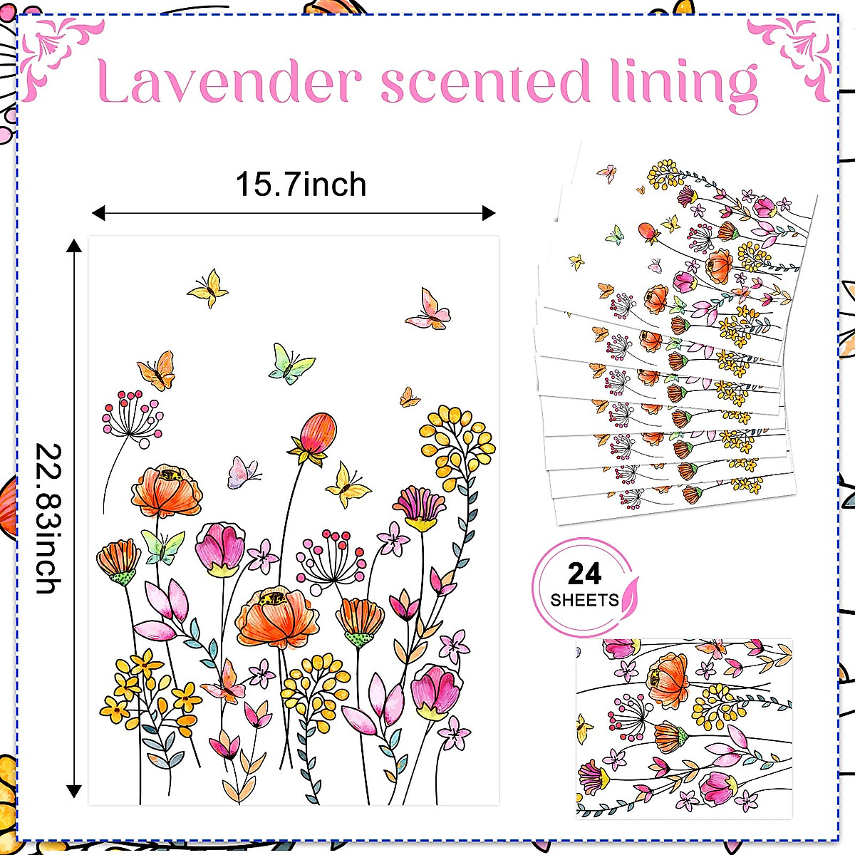 24 Sheets Scented Drawer Liners Drawer Liners for Dresser Non Adhesive Paper Sheets Fragrant Drawer Paper Liner for Shelf Closet Dresser Drawers Home Bedroom (Floral Style)