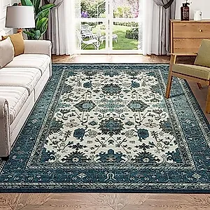 RUGSREAL 5x7 Area Rugs Boho Border Rug Large Washable Area Rug for Living Room Bedroom Floral Print Floor Carpet Low-Pile Indoor Soft Non-Slip Accent Rug Floor Decoration Carpet Mat 5x7