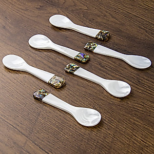 DUEBEL Set of 6 Mother of Pearl MOP Caviar Spoons with Green Abalone Decoration for Caviar, Egg, Icecream, Coffee Serving (White, 9x2.4cm)