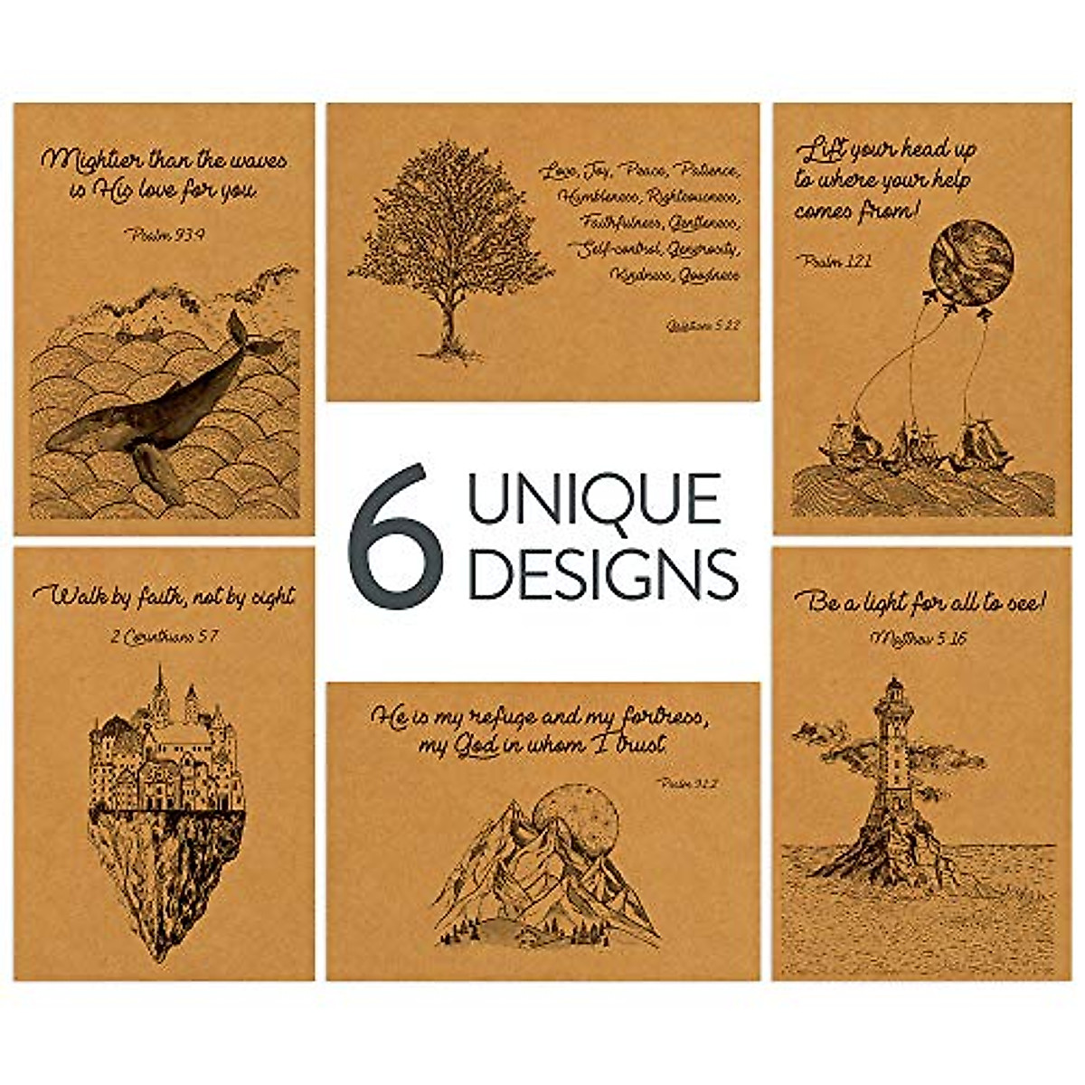 DIVERSEBEE 18 Kraft Inspirational Christian Greeting Cards with Envelopes (6 Unique Designs), Bulk Motivational Bible Verse Quotes, Encouragement Scripture Note Cards Assortment - 4x6 Inches