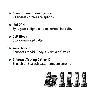 Panasonic Link2Cell Bluetooth Cordless Phone System with Voice Assistant, Call Block and Answering Machine, Expandable Home Phone with 5 Handsets â€“ KX-TGF575S (Black with Silver Trim)