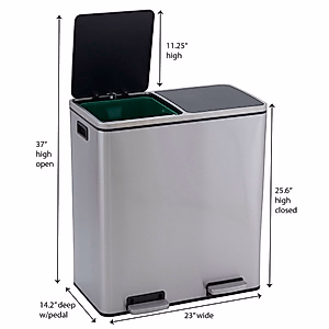 Design Trend Stainless Steel Dual Compartment Trash Can Recycler with Soft Close Lids | Two 30 Liter / 8 Gallon Bins, 60 Liter, Silver