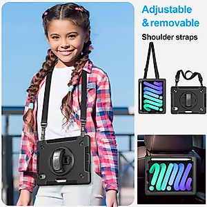 Case for iPad Mini 6 2021: Military Grade Shockproof TPU Protective Cover for Kids iPad Mini 6th Generation 8.3 Inch with Screen Protector- Stand + Handle + Shoulder Strap + Pencil Holder- Black