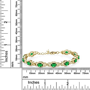 Gem Stone King 18K Yellow Gold Plated Silver Green Simulated Emerald Tennis Bracelet For Women (8.00 Cttw, Oval 6X4MM, 7 Inch With 1 Inch Extender)