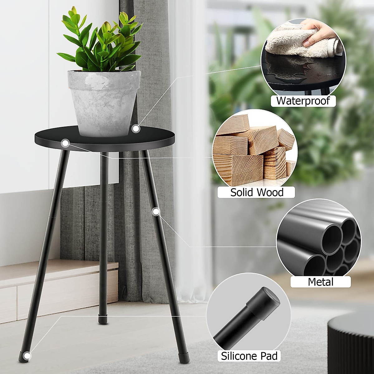 KINNARY Tall Plant Stand, Mid Century Wood Indoor Plant Stand Black Plant Table for Flower Pots, Metal Plant Holder, Modern Home Decor Small Round Side End Table (11.8"x20")