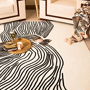 SunNewt Stain Resistant Washable Area Rug 8x10 Living Room Large Rugs Soft Faux Wool Non-Shedding Low-Pile Floor Carpet for Dining Laundry Room Bedroom Bed Side, Contemporary Striped