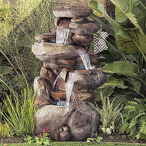 Alpine Corporation WIN316 Outdoor Floor 4-Tiered Rock Water Fountain for Garden or Patio with Natural Stone Look, 40", Light Gray