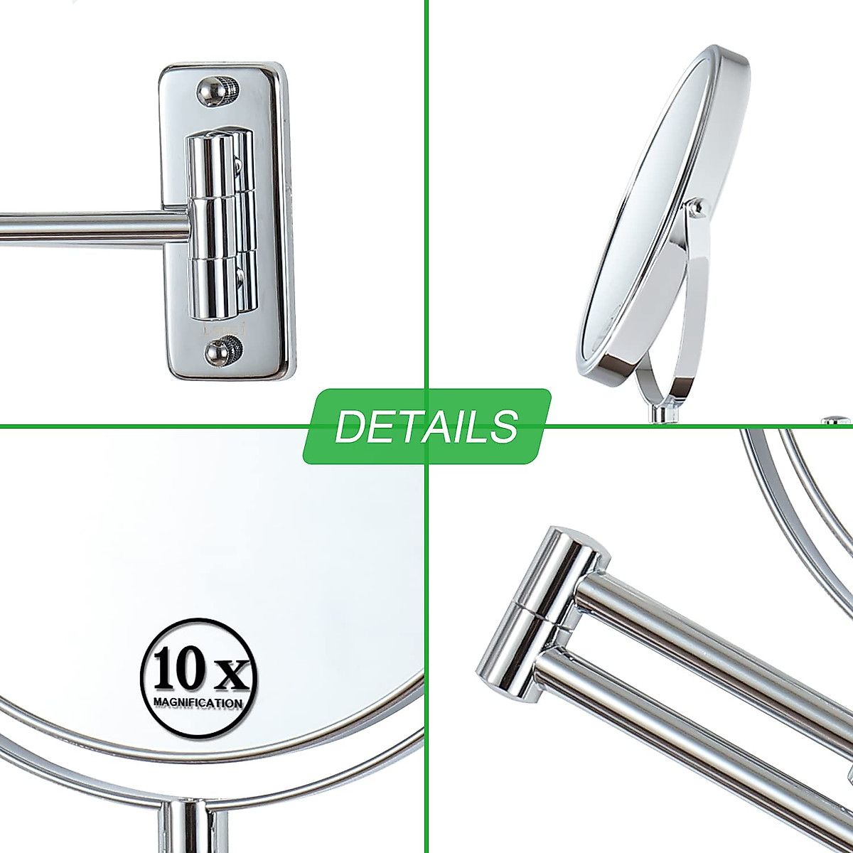 LANSI Wall Mounted Makeup Mirror, 10x/1x Double-Sided Magnifying Mirror, 360° Extendable Arm Bathroom Mirror, 8 inch Vanity Mirror for Makeup or Shaving Chrome Finish