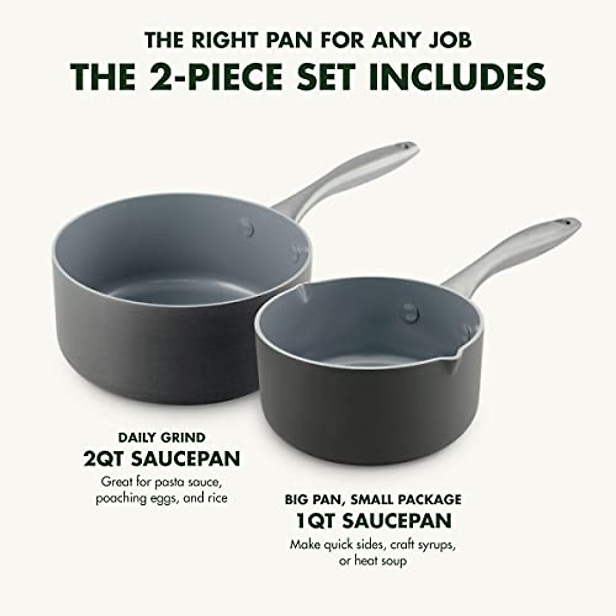 GreenPan Lima Hard Anodized Healthy Ceramic Nonstick 1QT and 2QT Saucepan Pot Set, PFAS-Free, Oven Safe, Gray