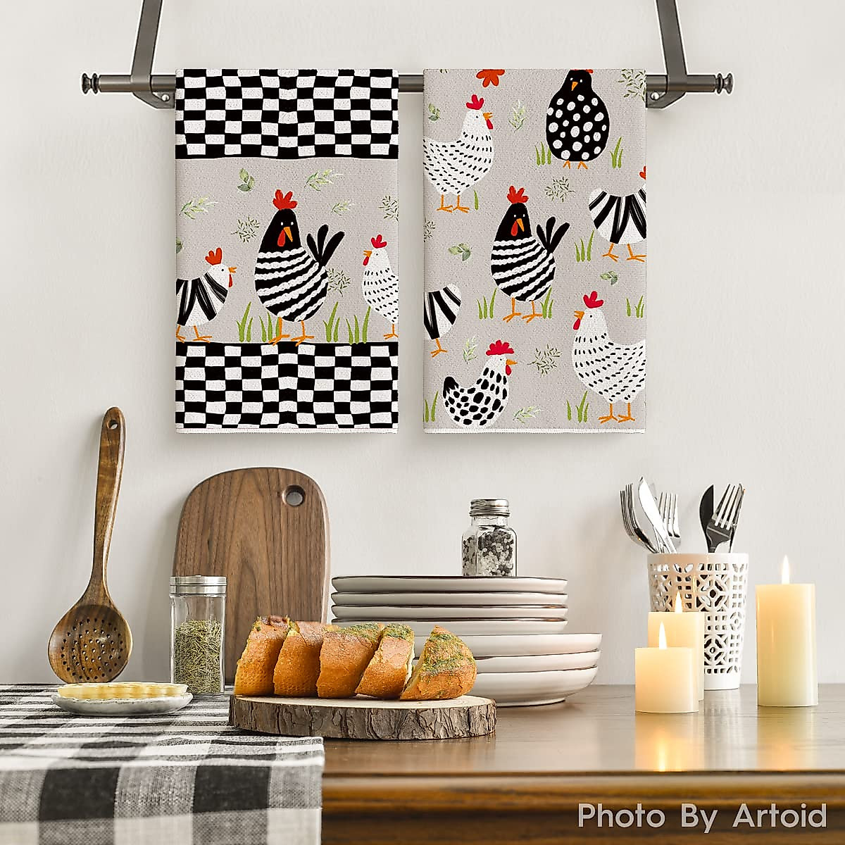 Artoid Mode Geometric Grid Baking Cooking Chickens Kitchen Towels Dish Towels, 18x26 Inch Seasonal Leaves Decoration Hand Towels Set of 4