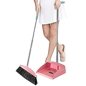 MIYUE Broom and Dustpan Set for Home - Dust Pans with Long Handle - Outdoor Indoor for Home Kitchen Room Office,Must Haves for Home, Pink