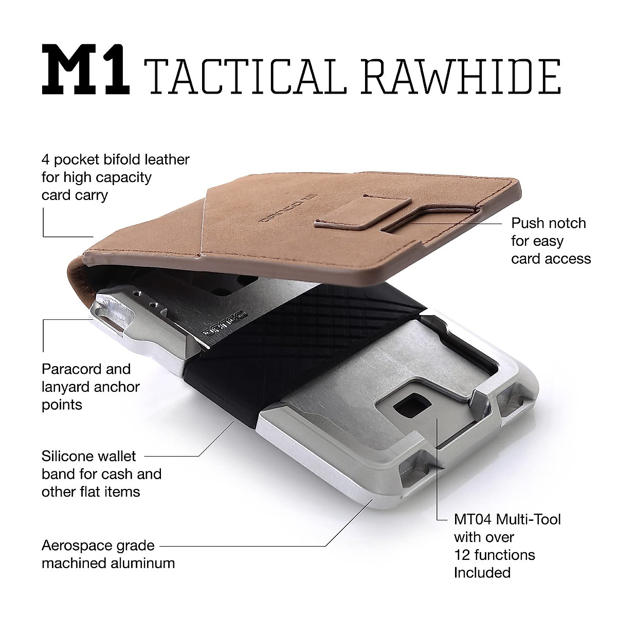 Dango Slim Minimalist Wallet for Men - RFID Blocking - Leather- Bifold, Rawhide/Raw Aluminum