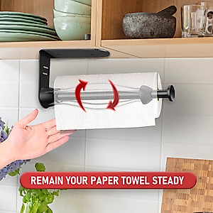 Paper Towel Holder Under Cabinet: Single Hand Operable Wall Mount Paper Towel Roll Holder with Damping Effect | Self-Adhesive or Screw for Kitchen | Bathroom (Black)