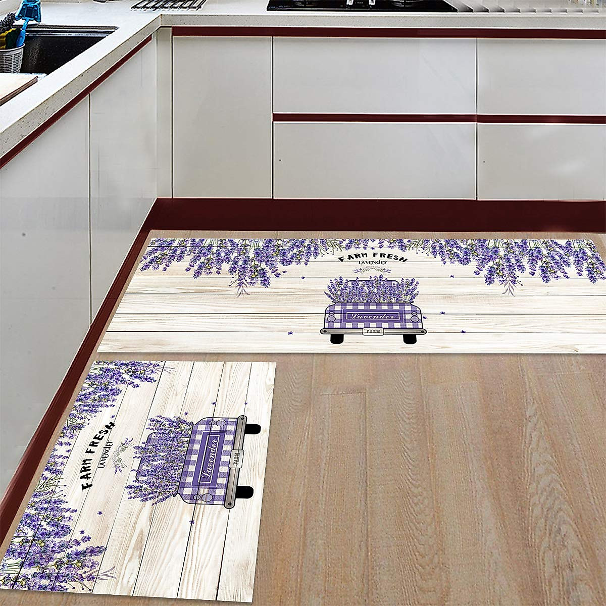 Kitchen Rug Set of 2 Piece Truck With Lavender Floor Mats Non-Slip Area Runner Carpet Washable Carpet Indoor Doormat Pad Sets, Farm Fresh Flower Farmhouse Purple Floral Wood 19.7x31.5in+19.7x47.2in