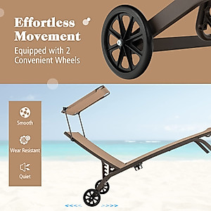 Tangkula Patio Chaise Lounge Chair Set of 2, Outdoor Recliner with Wheels, Adjustable Canopy & Cupholder, 6-Level Backrest, Heavy-Duty Metal Reclining Lounger for Poolside, Backyard (2, Brown)