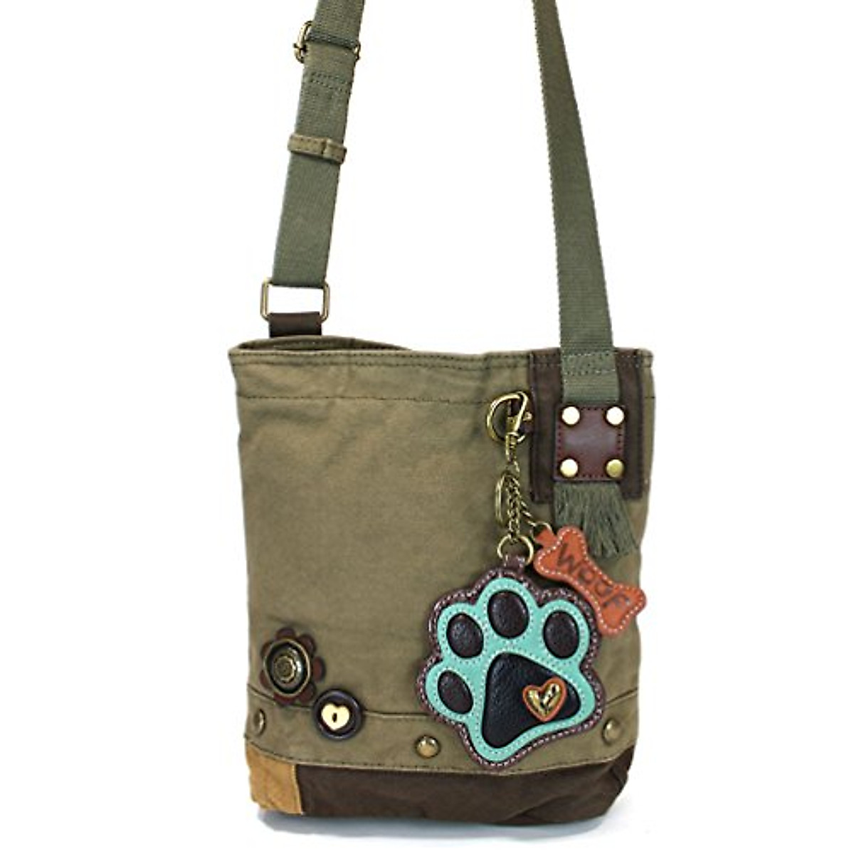 Chala Canvas Crossbody Messenger handBags with Keyfob/Coin Purse - (Green Paw) (Olive -Teal Paw)