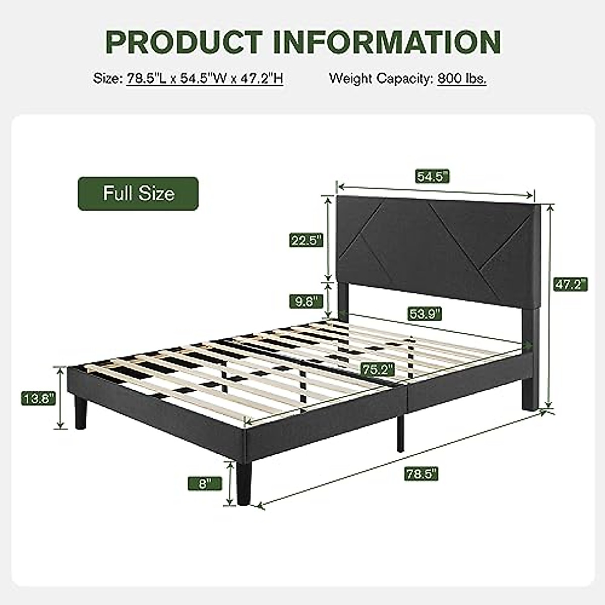 IMUsee Full Size Bed Frame, Upholstered Bed Frame with Geometric Headboard, Heavy Duty Mattress Foundation with Wooden Slats, Easy Assembly, Dark Grey