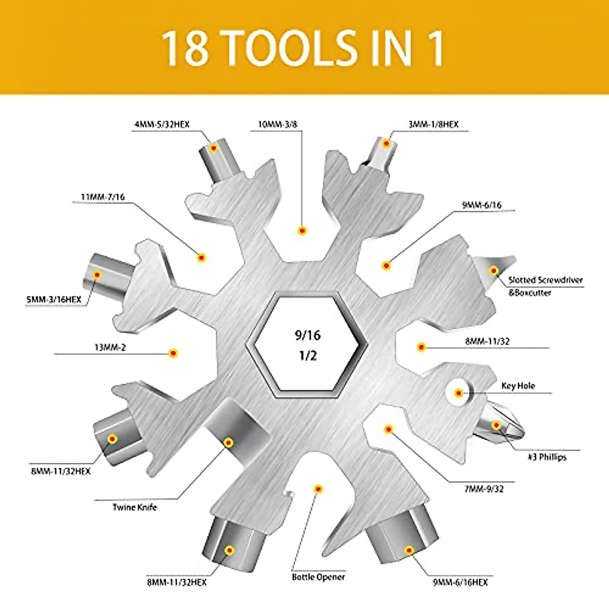 Snowflake Multitool, 5 Pieces 18-in-1 Stainless Steel Snowflake Standard Multitool, Snowflake Tool with Key Ring, Carabiner Clip and Gift Bag (Silver)