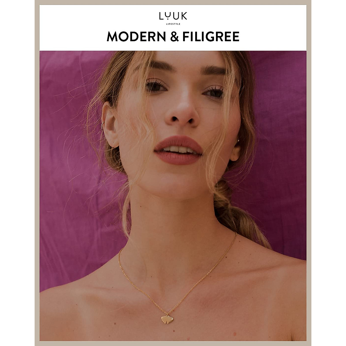 LUUK LIFESTYLE Necklace for women with ginkgo leaf pendant and HAPPINESS gift card, modern and minimalist fashion accessory, jewelry for everyday wear, good luck charm, zen yoga gift, gold