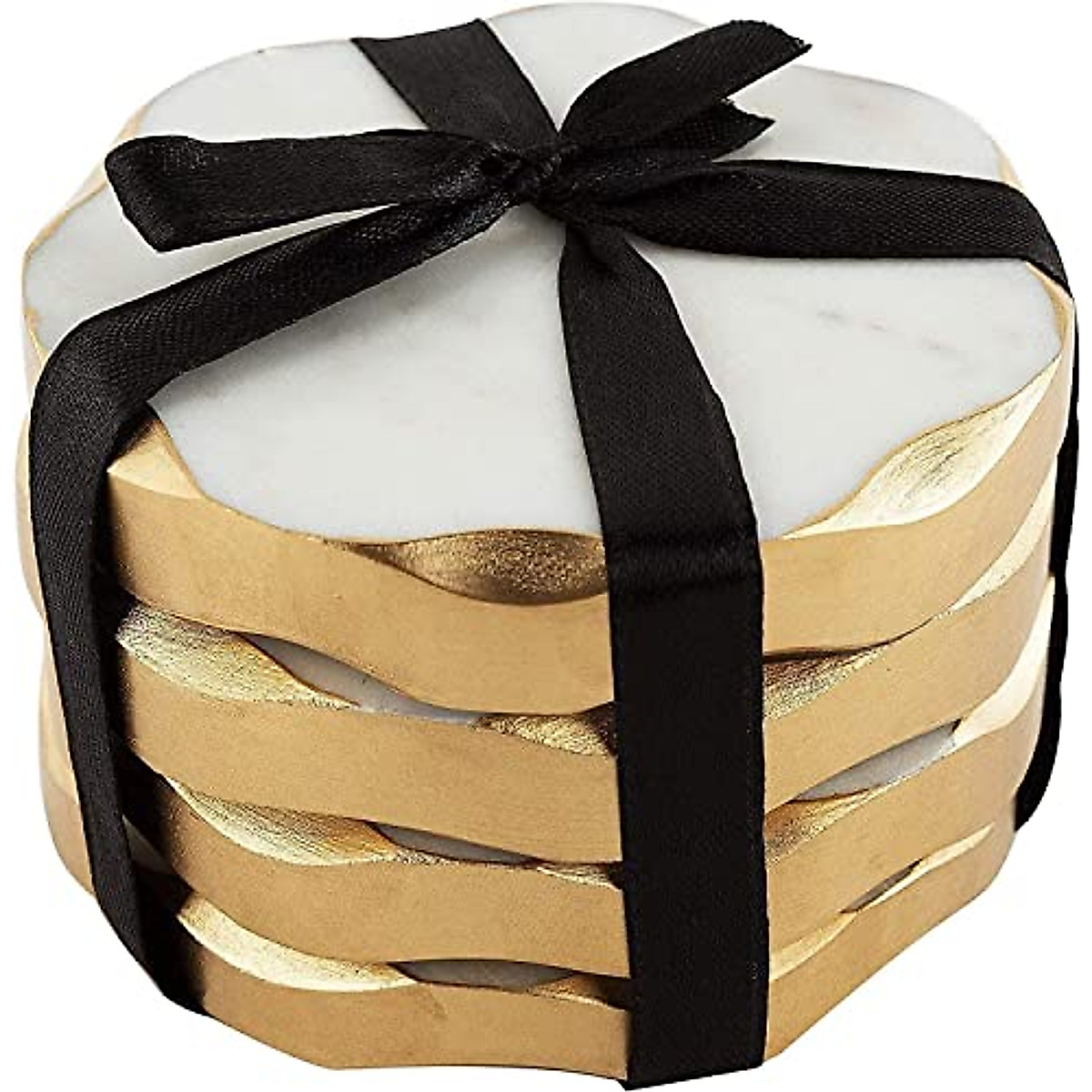 James Scott Marble Coasters - Set of 4 Round Natural Coasters with Gold Edges - Beautiful Gift