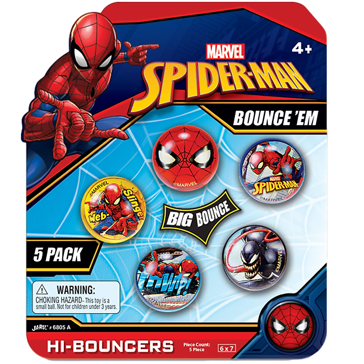 JA-RU Marvel Spiderman Bouncy Superballs Super Hi Bounce 1.2" (1 Pack of 5 Balls) Fidget Balls Small Toys for Kids Prize Premium Giveaways Gift Birthday Supplies A-6805-1