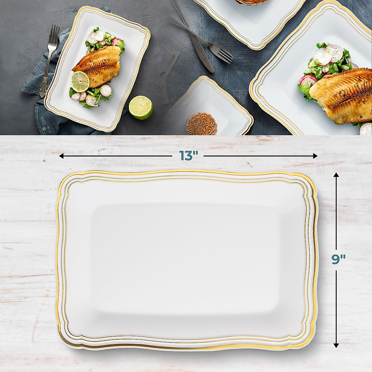 Posh Setting Plastic Serving Tray White Plastic Tray with Gold Rim Border, Disposable Serving Trays Heavyweight Serving platters and Trays 9"x13" Appetizer Tray [6 Pack]