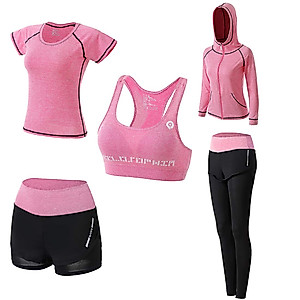 Workout Outfit Set for Women 5 Pieces Yoga Exercise Clothes with Sport Bra Shorts Leggings Shirt Jacket Athletic(Pink, L)