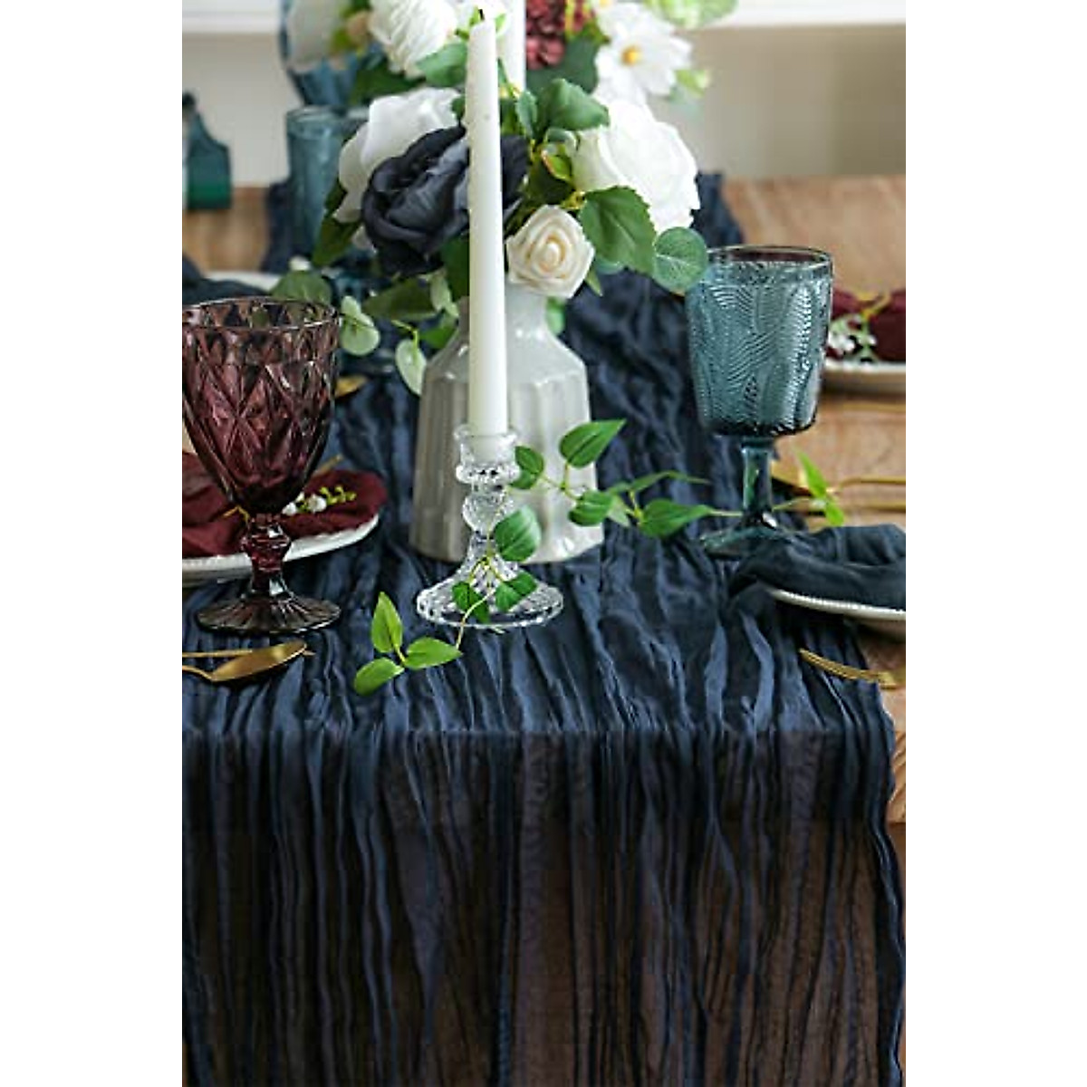 Uwilowe 5 PCS 13Ft Navy Blue Table Runner, Boho Gauze Cheese Cloth Table Runner Rustic Sheer Runner 160inch Long for Wedding Bridal Baby Shower Birthday Party Cake Table Decorations