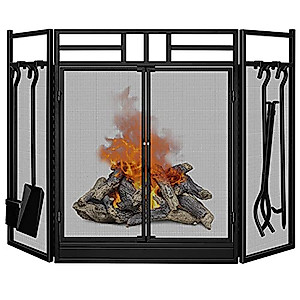 AMAGABELI GARDEN & HOME 3 Panel Folding Fireplace Screen with Doors Large Flat Guard Tools Outdoor Metal Decorative Mesh Solid Wrought Iron Fire Place Wood Burning Stove Accessories Black